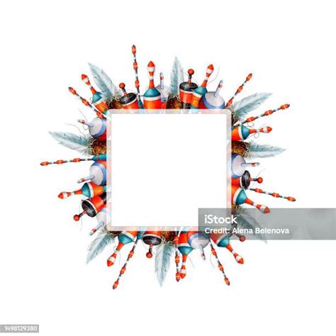 낚싯줄이 있는 다양한 낚시 버블러 빨강 흰색 파랑 검정색의 수채화 그리기 사각형 프레임 배경 화면 로고 배너 아이콘 카드 전단지 직물 엽서 포장지 스티커 배경 화면용 앵글링
