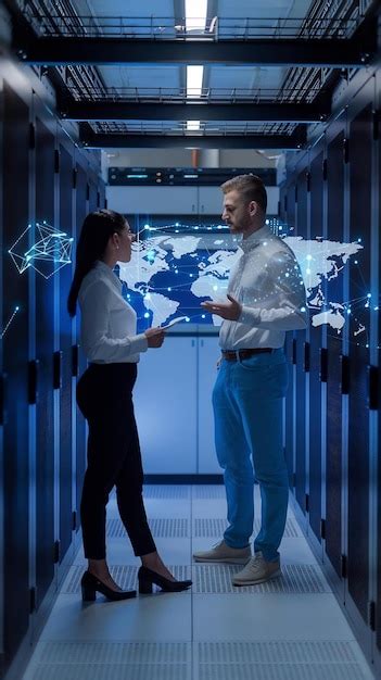 Female And Male IT Engineers Discussing Technical Details In A Working Data Center Server Room