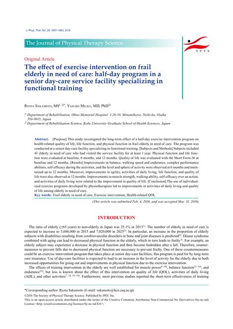 Pdf The Effect Of Exercise Intervention On Frail Elderly In Need Of Care Half Day Program In