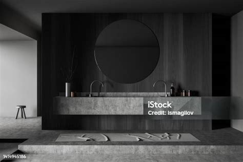 세면대와 거울이있는 회색 욕실 인테리어 갑판에 액세서리 0명에 대한 스톡 사진 및 기타 이미지 0명 3차원 형태 가구 Istock