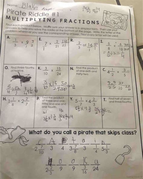 solved name pirate riddle 1 multiplying fractions find each product