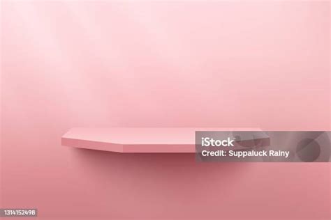 라이트 핑크 육각형 모양 선반 받침대 연단 분홍색 빈 방 창의 그림자입니다 추상 벡터 렌더링 3d 셰이프입니다 제품 디스플레이 프레젠테이션 스튜디오 룸 파스텔 색상 최소 벽