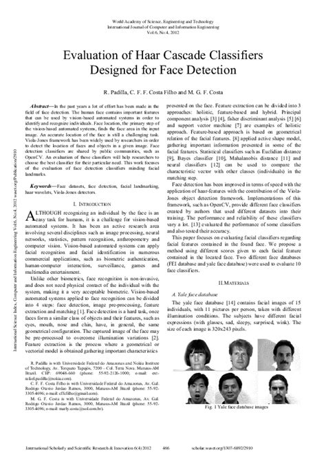 Pdf Evaluation Of Haar Cascade Classifiers Designed For Face