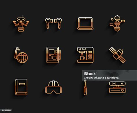 세트 라인 사용 설명서 가상 현실 안경 로봇 드라이버 모션 센서 그래픽 태블릿 위성 및 커피 머신 아이콘 벡터 3차원 형태에