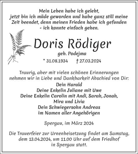 Traueranzeigen Von Doris Rödiger Abschied Nehmen De