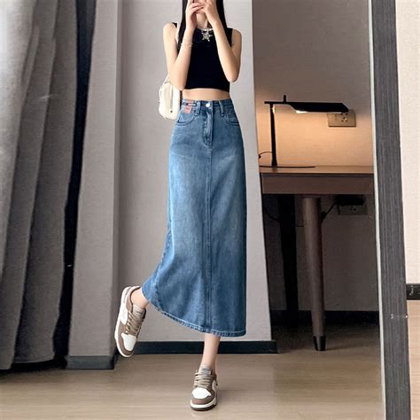 韓版開叉牛仔裙女新款小衆皮牌設計複古高腰直筒a字包臀半身裙子 Vzhd 蝦皮購物