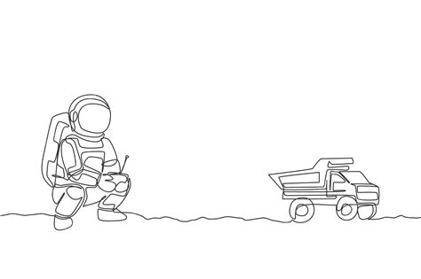 Premium Vector One Single Line Drawing Astronaut Playing Dump Truck Radio Control In Moon