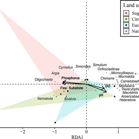 first two rda axes biplot with the 16 sampled streams classified