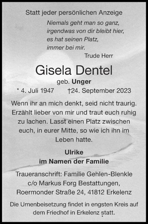 Traueranzeigen Von Gisela Dentel Aachen Gedenkt