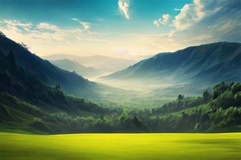 Premium Photo A Green Valley With A Green Field And Mountains In The Background