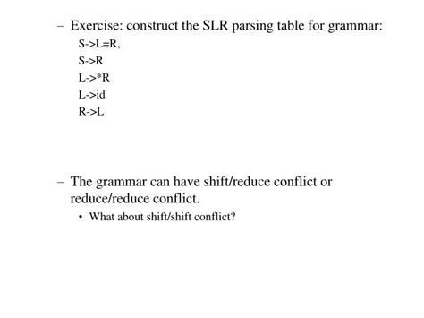 Ppt Exercise Construct The Slr Parsing Table For Grammar S Lr S