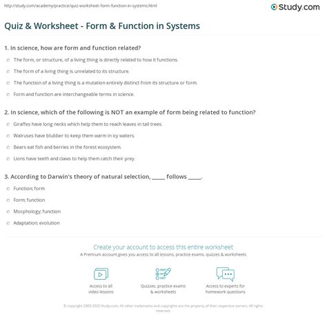 Quiz And Worksheet Form And Function In Systems