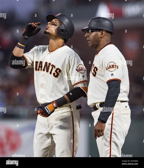 July 17, 2017: San Francisco Giants left fielder Gorkys Hernandez (66) giving thanks for his ...
