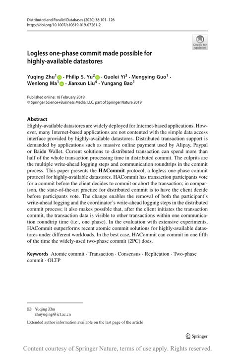 Logless One Phase Commit Made Possible For Highly Available Datastores Request Pdf