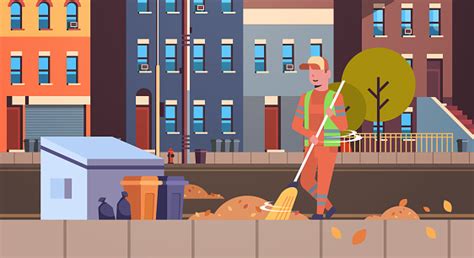 빗자루 남자를 사용하여 균일 한 남성 거리 청소기 청소 서비스 개념 도시 건물 외의 도시 경관 백고운드 전체 길이 평면 수평 거리에 대한 스톡 벡터 아트 및 기타 이미지