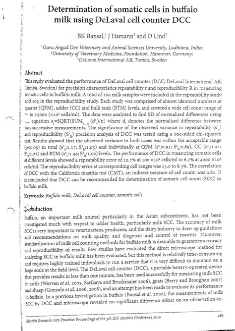 pdf determination of somatic cells in buffalo milk using delaval cell