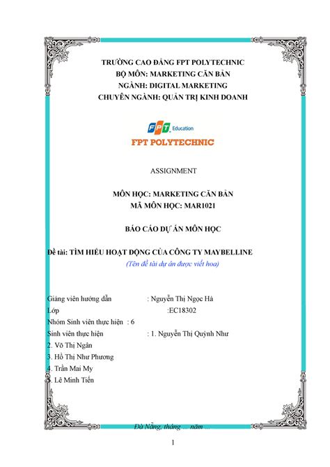 Assignment TRƯỜNG CAO ĐẲNG FPT POLYTECHNIC BỘ MÔN MARKETING CĂN BẢN NGÀNH