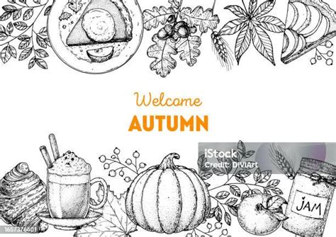 아늑한 가을 프레임입니다 손으로 그린 벡터 그림입니다 디자인 요소 호박 나뭇가지 뜨거운 음료 커피 사과 파이 도토리 나뭇잎 세트 따뜻한 가을 손으로 그린 스케치입니다 0명에