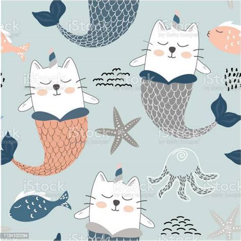 귀여운 유니콘 고양이 인 어 직물 직물에 대 한 유치 한 완벽 한 패턴입니다 벡터 일러스트 0명에 대한 스톡 벡터 아트 및 기타