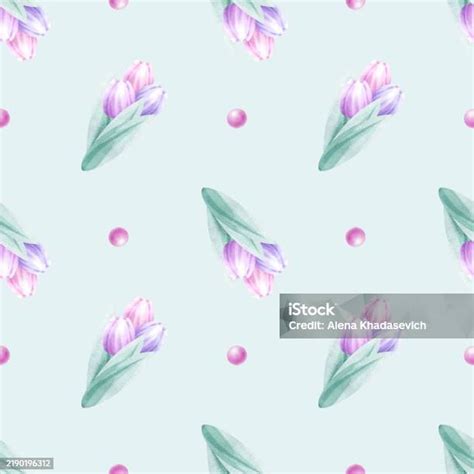 분홍색과 라일락 튤립의 꽃다발 와 구슬 수채화 밝은 녹색에 Seamless 패턴 손 그리기 섬세한 파스텔 꽃 그림 발렌타인 데이 어머니와 여성의 날 디자인 섬유 포장 0명에