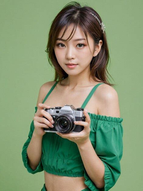 A Cute Asian Girl Holding A Camera Very Cool Premium Ai Generated Image