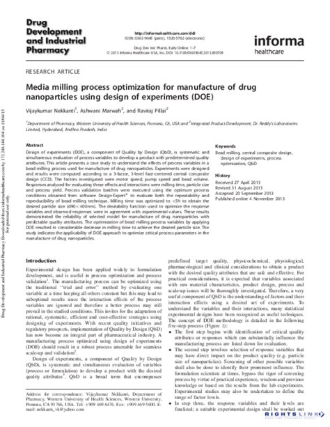 Pdf Media Milling Process Optimization For Manufacture Of Drug Nanoparticles Using Design Of
