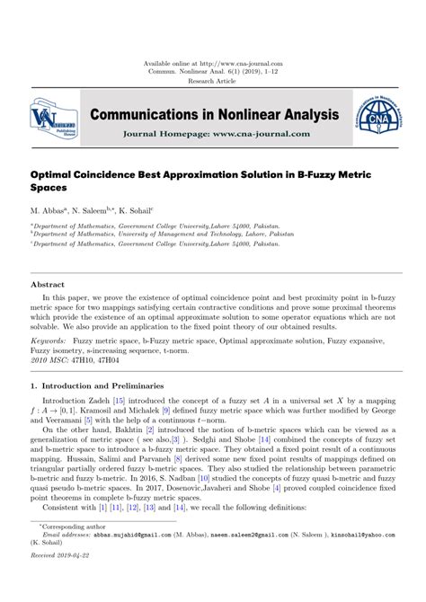 Pdf Optimal Coincidence Best Approximation Solution In B Fuzzy Metric Spaces