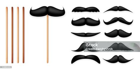 나무 막대기에 현실적인 검은 콧수염 흰색 배경에 고립 된 가짜 종이 콧수염 유행 얼굴 머리카락 빈티지 디자인 요소 크리에이티브 벡터 일러스트레이션 가지 식물 부위에 대한