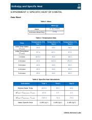 Enthalpy And Specific Heat Experiment Analysis Course Hero