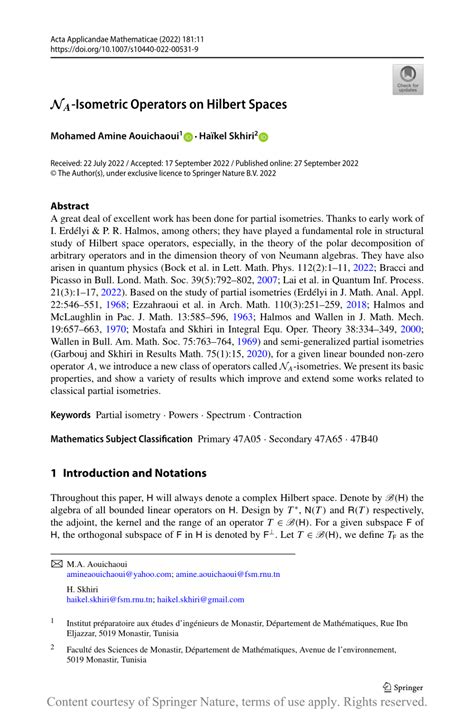 Mathcal N A Isometric Operators On Hilbert Spaces Request Pdf