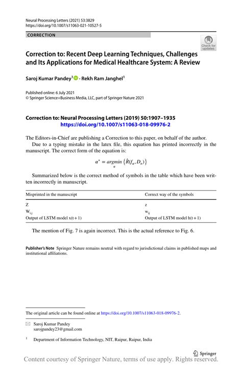 Correction To Recent Deep Learning Techniques Challenges And Its Applications For Medical
