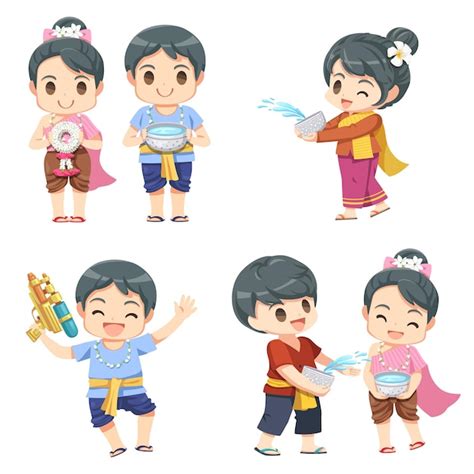 흰색 배경 벡터 일러스트 레이 션에 만화 스타일의 그래픽 디자이너 요소와 송크란 축제에 태국 전통 드레스에 소년과 소녀의 집합 프리미엄 벡터