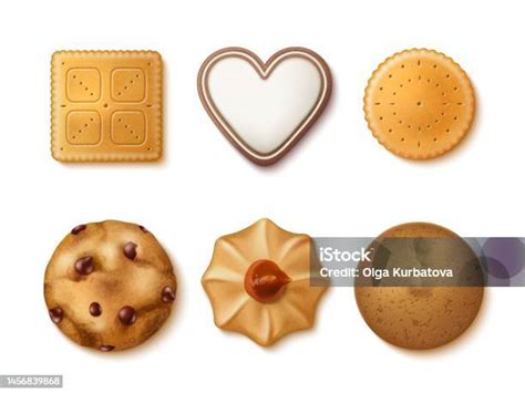 현실적인 쿠키 달콤한 다양한 비스킷 크림 및 유약 탑 뷰 베이커리 제품 초콜릿과 잼이 들어간 수제 맛있는 크래커 3d 격리 요소 완전한 벡터 세트 쿠키에 대한 스톡 벡터