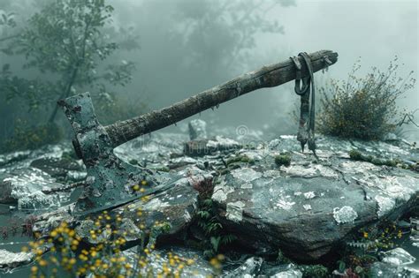 An Old Rusty Axe Is Stuck In A Tree Stump In The Middle Of A Misty Forest Stock Illustration