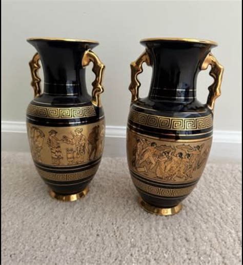 Pair Of Vintage I Spyropoulos Greek Amphora Vases — Greece 24k Gold