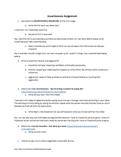 20 Assertiveness Assignment Assertiveness Assignment Complete The