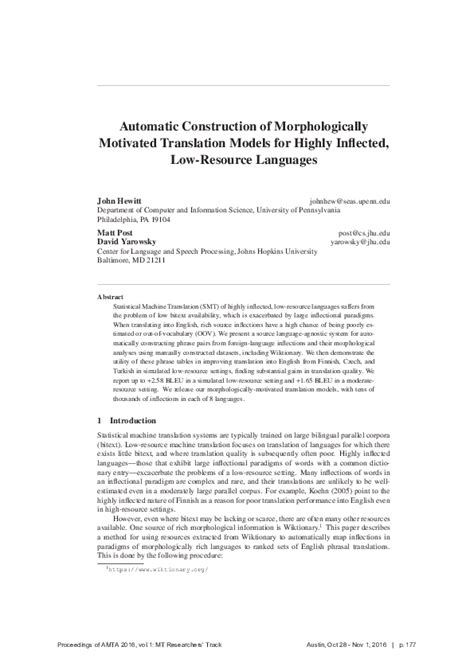 Pdf Automatic Construction Of Morphologically Motivated Translation Models For Highly