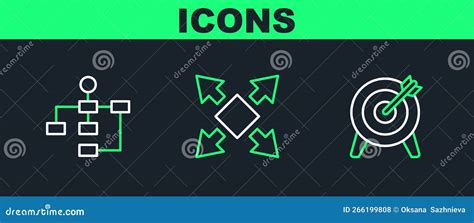 Set Line Target Hierarchy Organogram Chart And Many Ways Directional Arrow Icon Vector Stock