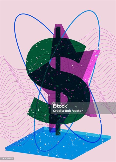 다채로운 기하학적 모양의 달러 기호 트렌디한 리소 그래프 디자인의 비즈니스 Currency Symbol이 있는 기하학 요소 추상 리소그래프 인쇄 텍스처 스타일 질감에 대한