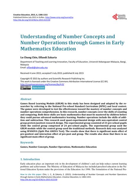 Pdf Understanding Of Number Concepts And Number Operations Through Games In Early Mathematics