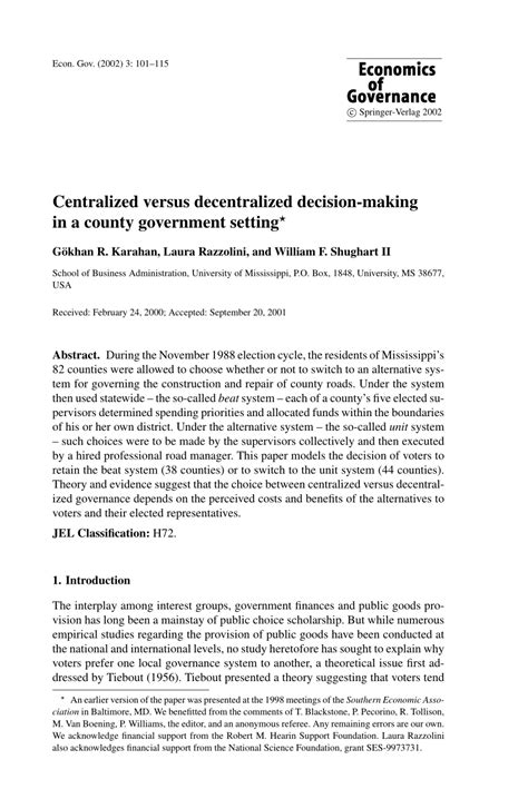 Pdf Centralized Versus Decentralized Decision Making In A County