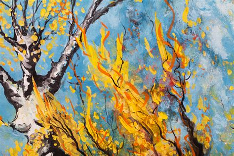 세련 된가을 일러스트 레이 션 현대 아트 워크 내 원래 유화 캔버스 우화 상징적 인 그림 초현실주의 수평 풍경가을 댄스 자작 나무의 모양으로 여성의 그림의 형태로 노란 잎