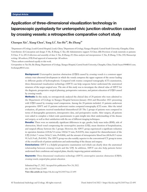 Pdf Application Of Three Dimensional Visualization Technology In Laparoscopic Pyeloplasty For