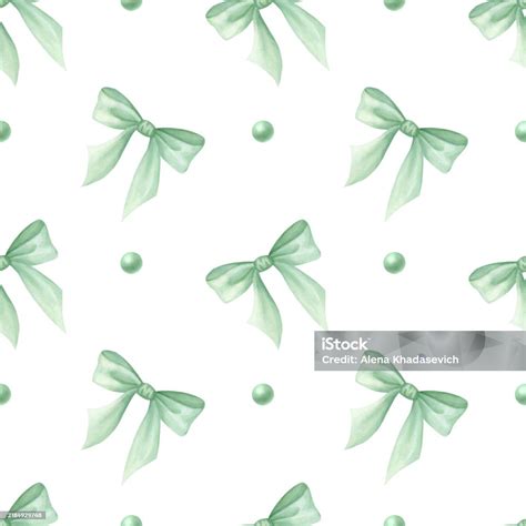 파스텔 그린 색상의 수채화 활과 구슬 손으로 그린 이음새가 없는 본 요괴 작풍은 축제 포장 종이 직물 감싸는 커튼 Scrapbooking 종이를 위한 백색 배경에 고립시켰다