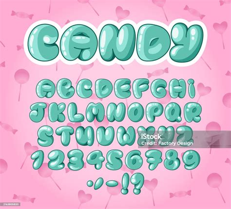 만화 거품 알파벳 귀여운 사탕 청록색의 달콤한 통통한 글꼴로 대문자 숫자 및 구두점을 특징으로합니다 배경에 사탕과 막대 사탕