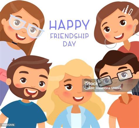 다섯 젊은 여성과 젊은 남자 친구와 함께 행복한 우정의 날 포스터 국제 우정의 날에 대한 스톡 벡터 아트 및 기타 이미지 국제 우정의 날 만화 메시지 Istock
