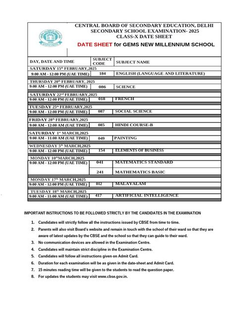 Board Examination 2024 25 Class X Date Sheet Gnms Pdf