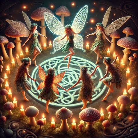 Celtic Fairy Ring Fairies Dancing In A Circle Of Mushrooms With Stock