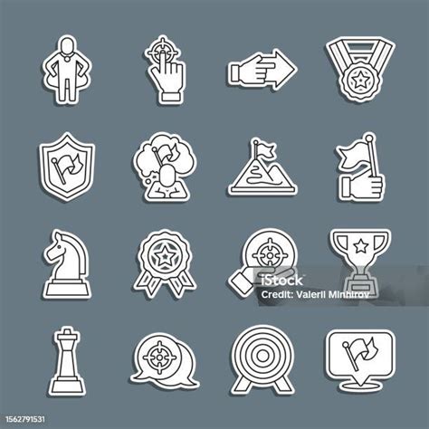 라인 플래그 보너스 컵 깃발을 들고 손을 잡고 가리키는 손가락 남자 방패 머리 사냥 및 산 아이콘을 설정합니다 벡터 3위에 대한 스톡 벡터 아트 및 기타 이미지 Istock