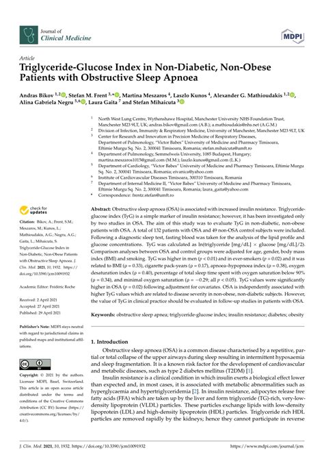 Pdf Triglyceride Glucose Index In Non Diabetic Non Obese Patients With Obstructive Sleep Apnoea